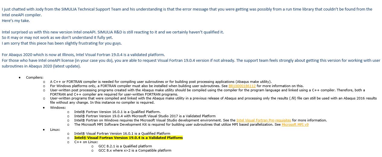 Solved: How to link ABAQUS with Intel One API toolkits to run FORTRAN SUBROUTINES - Intel Community
