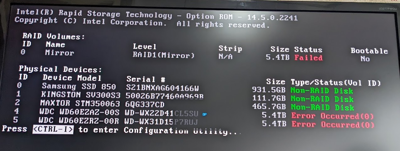 RAID 1 Failed after successful rebuild to new disk - Intel Community