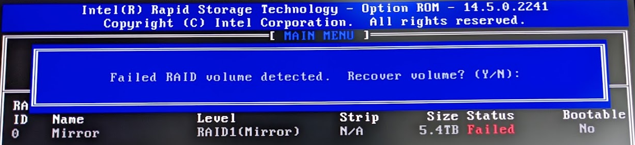 RAID 1 Failed after successful rebuild to new disk - Intel Community