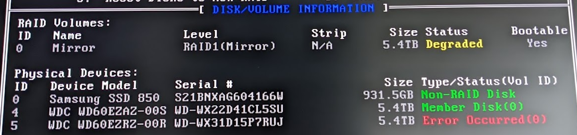 RAID 1 Failed after successful rebuild to new disk - Intel Community