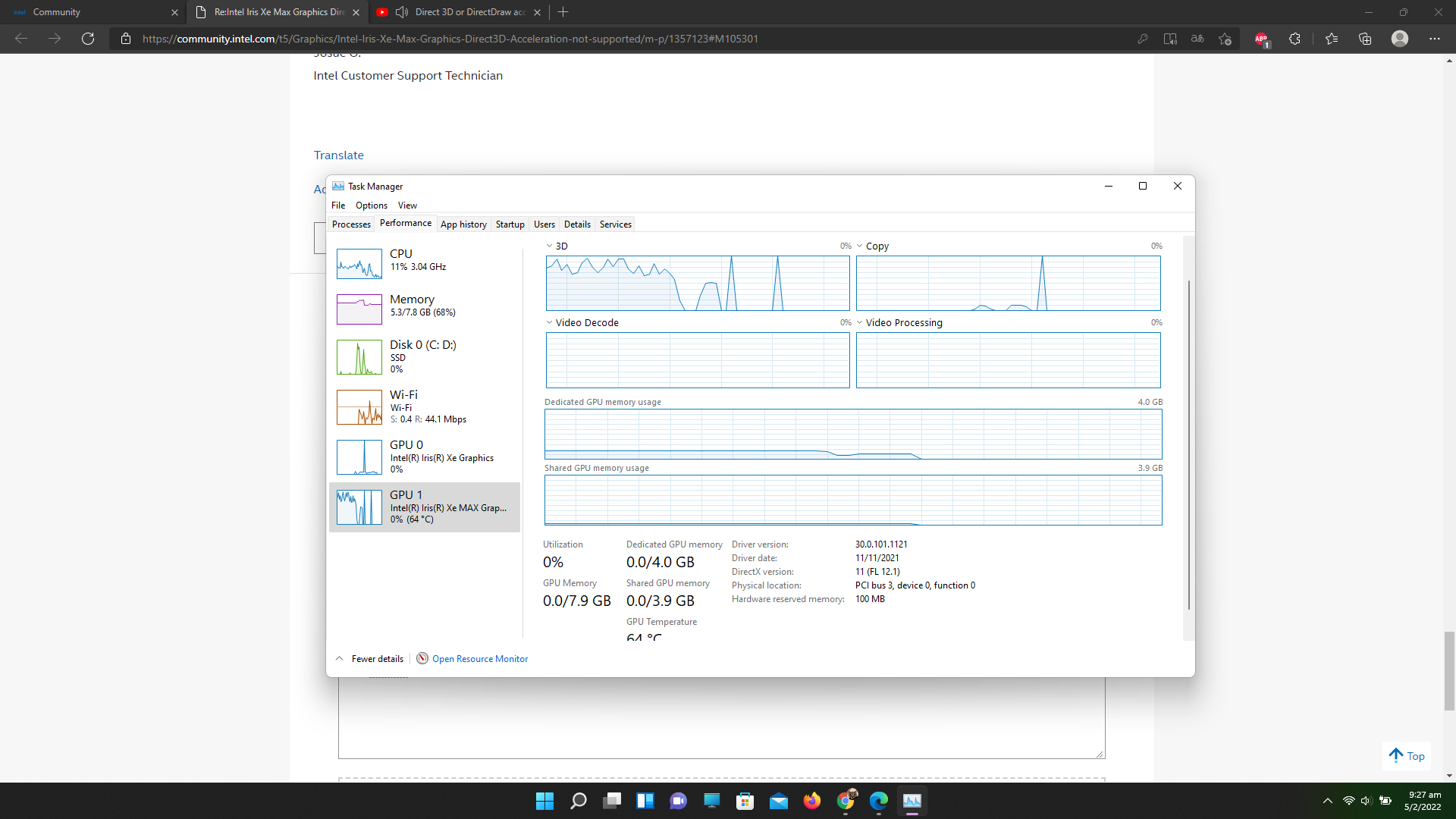 Intel Iris Xe Max Graphics Direct3D Acceleration not supported - Intel ...