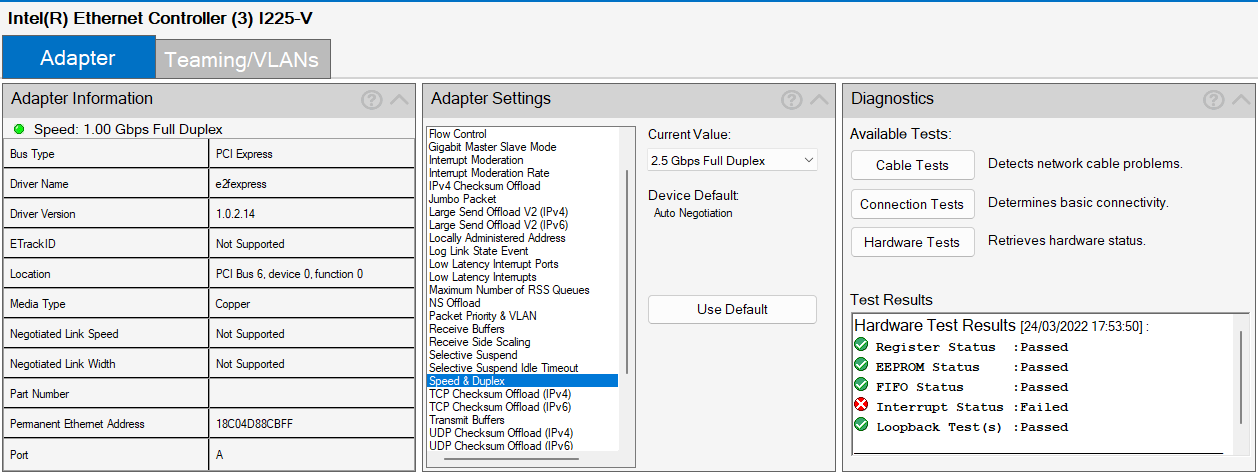 Intel Ethernet controller I255-V - failed Hardware Test/Interrupt ...