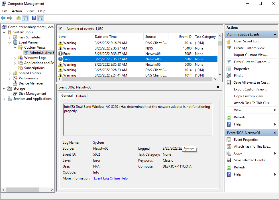 AC-8260 randomly resetting, event error ids 5002 and 5005 - Intel Community