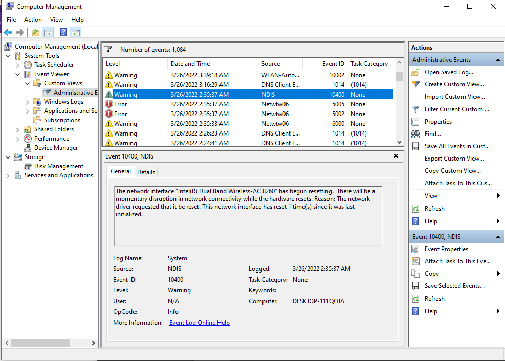 AC-8260 randomly resetting, event error ids 5002 and 5005 - Intel Community