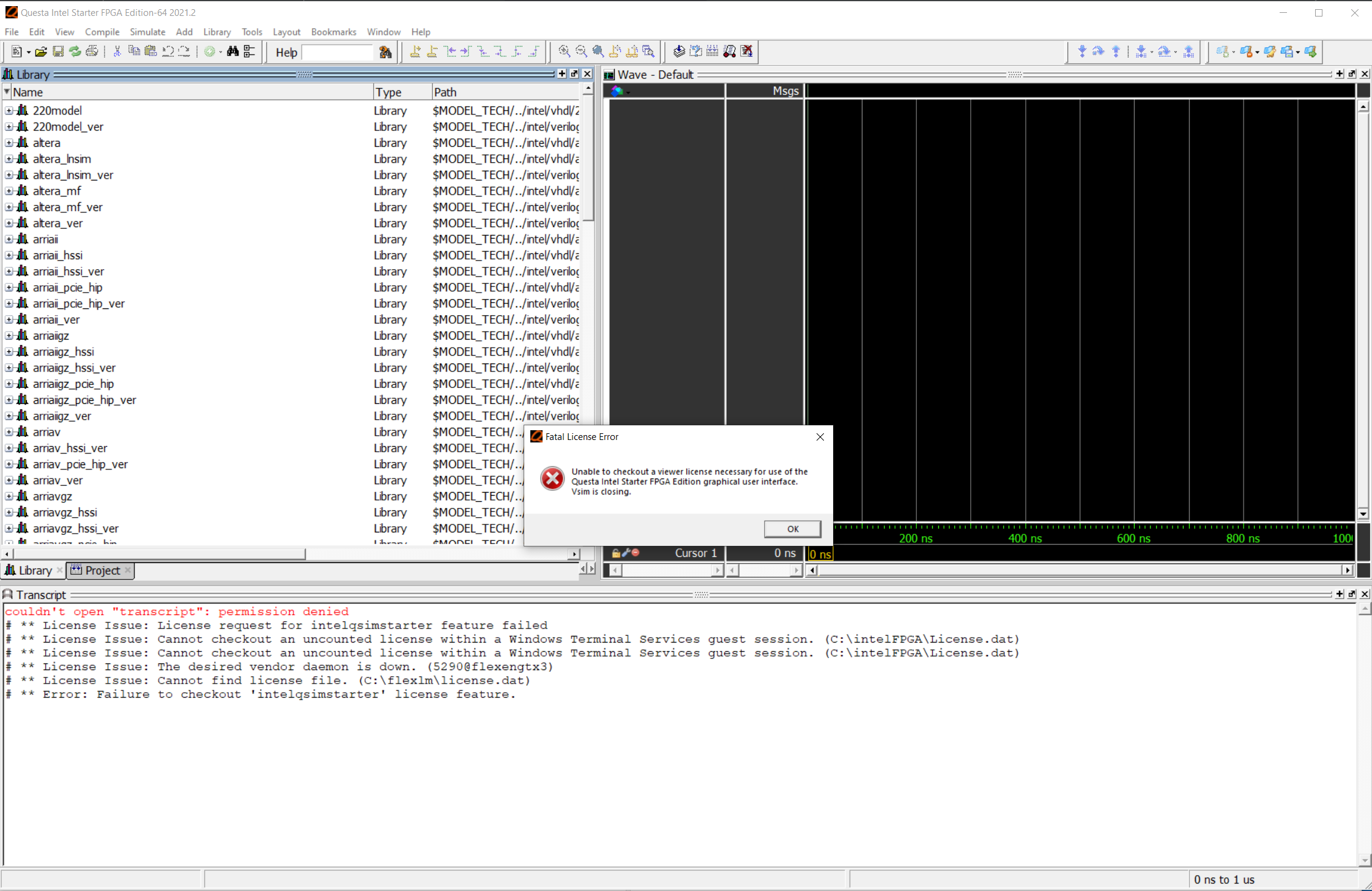 Questa - Intel FPGA starter can't find license while Quartus 21.1 Standard floating lic works ...