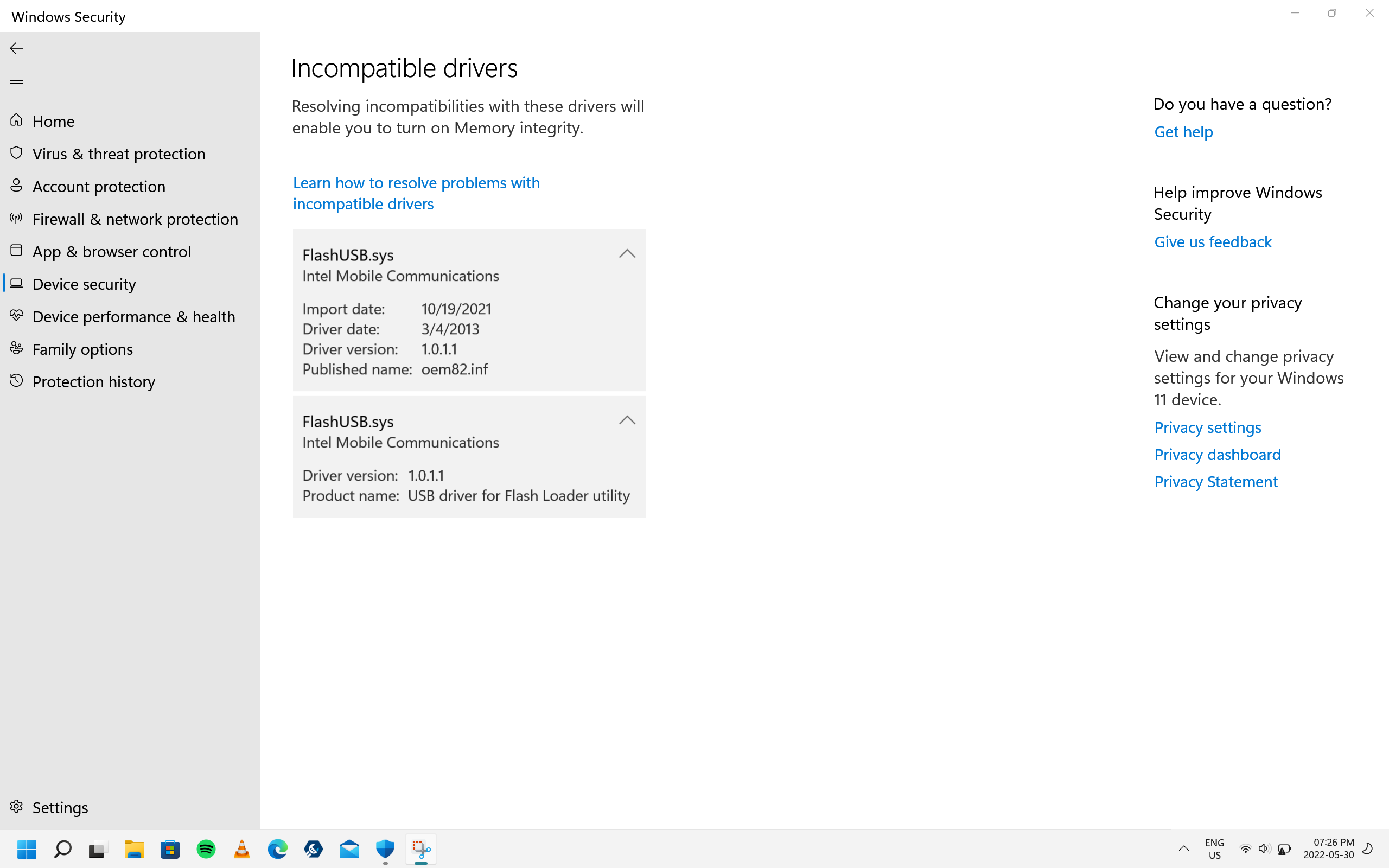 I have incompatible drivers in memory integiry in windows security ...
