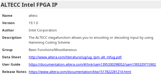 Required ECC coding technique , compatible with Intel FPGA ALTECC decoder IP core. - Intel ...