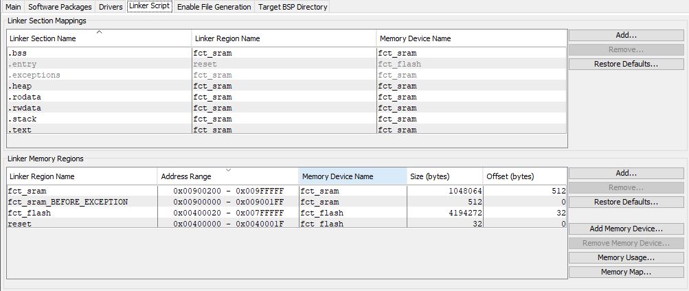 SEVERE: Setting does not exist for BSP: "hal.linker.enable_exception ...