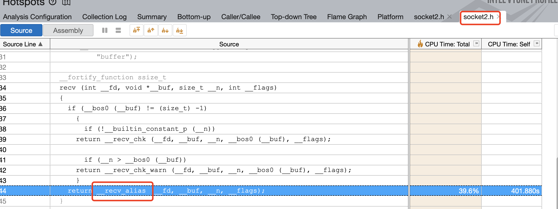 vtune profiler not show the time inside the socket recv function in ...
