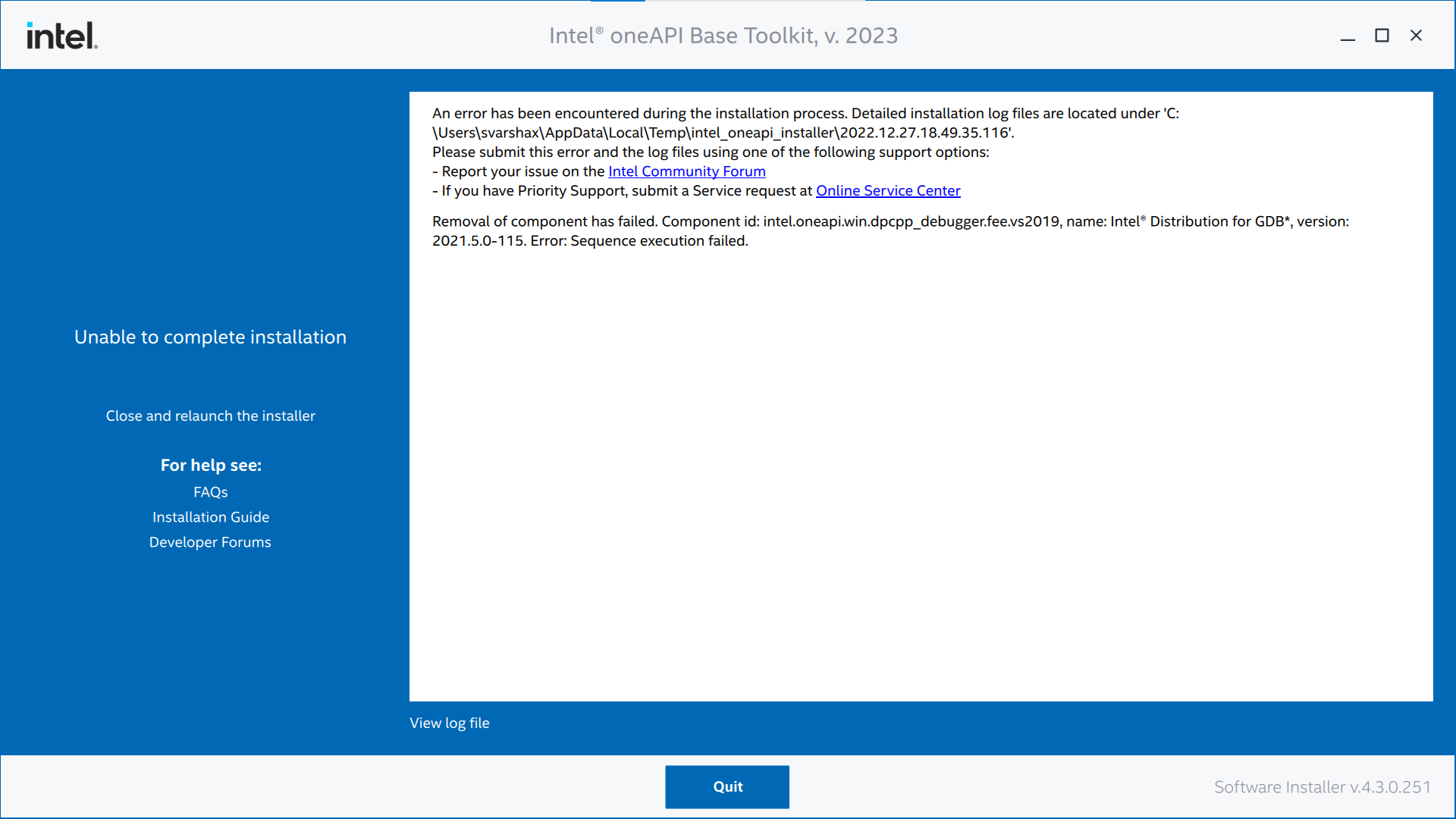 Unable to install oneAPI 2023 Toolkit - Intel Community