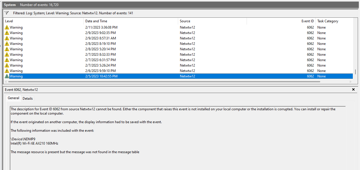 description for Event ID 6062 from source Netwtw12 cannot be found ...