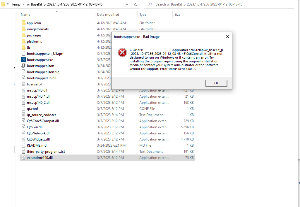 Bootstrapper.exe - Bad Image - Qt6Core.dll - Intel Community