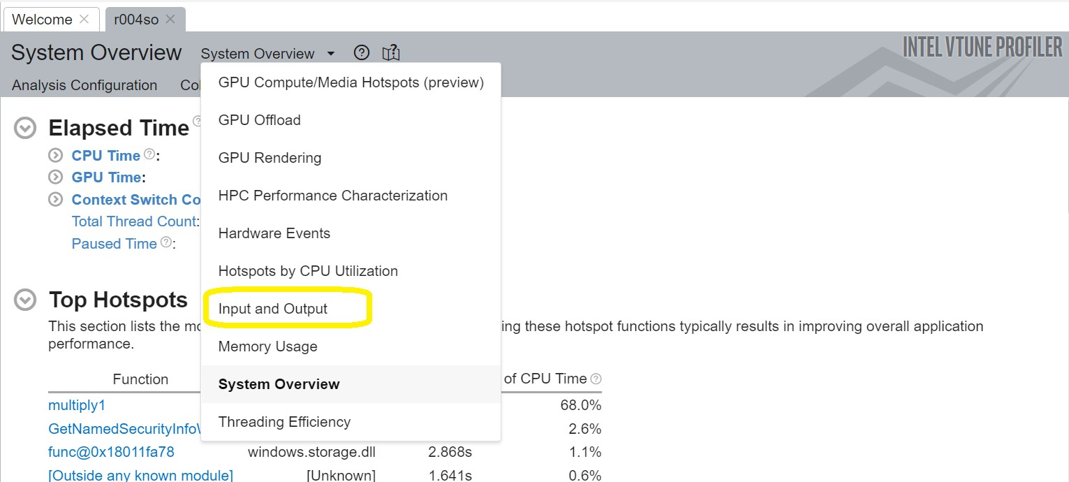 Solved Where Is Input And Output Analysis In Vtune Profiler Version 20232 Intel Community