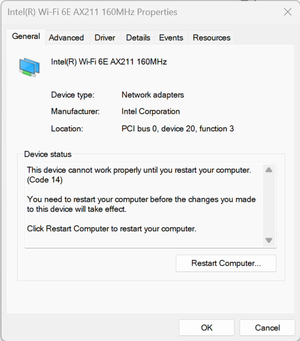 Intel(R) Wi-Fi 6E AX211 160MHz driver keeps stopping code 14 until ...