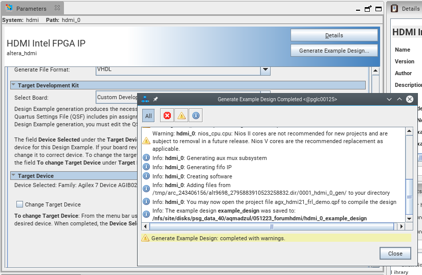 HDMI IP not generating example - Intel Community