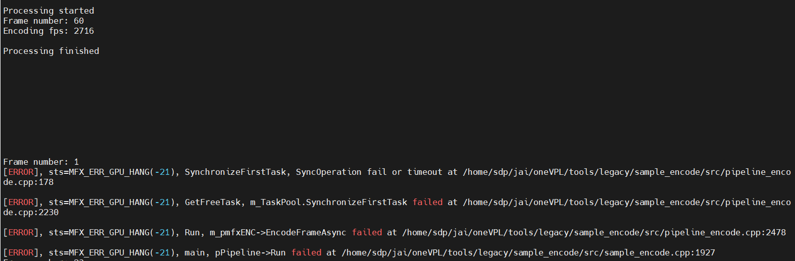 Re: GPU hangs when encoding simultaneously a HEVC (444-8 bits stream) and a H264 (420-8 bits ...